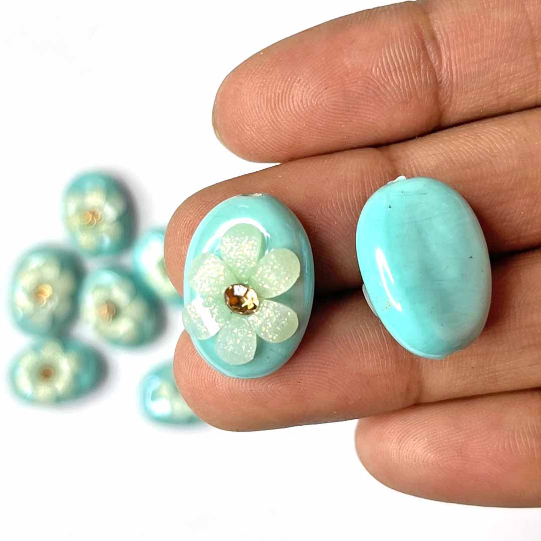 Firozi Color With White Flower & Jarkan Oval Shape Button Set Of 10 ...